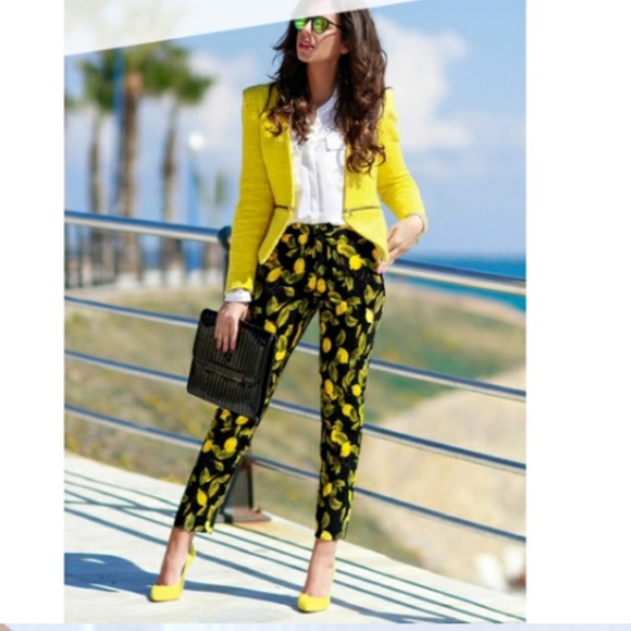 Zara | Pants & Jumpsuits | Zara Lemon Print Ankle Pants Zipped Front ...